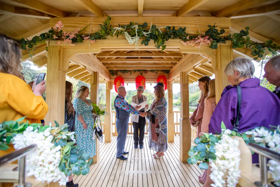 Restored park pavilion used for couple’s quiet wedding